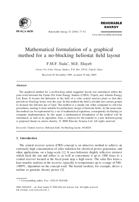 (PDF) Mathematical formulation of a graphical method for a no-blocking heliostat field layout
