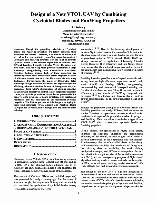 (PDF) Design of a New VTOL VA V by Combining Cycloidal Blades and Fan ...
