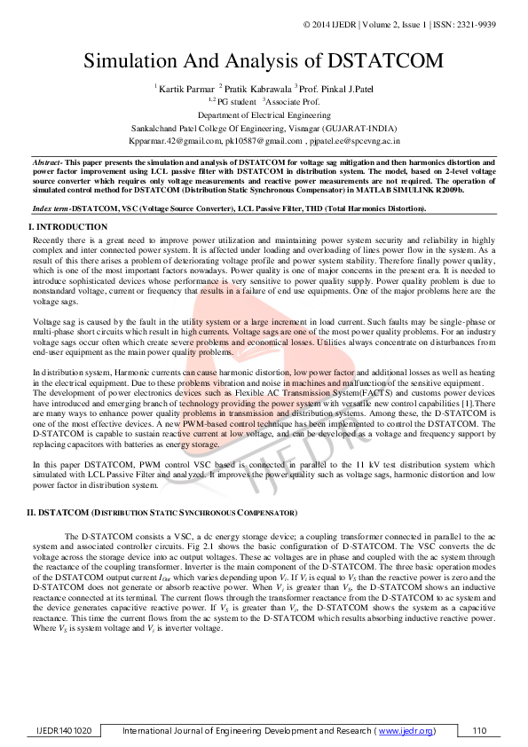 (PDF) Simulation and Analysis of DSTATCOM