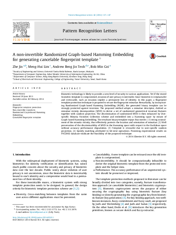 Pdf A Non Invertible Randomized Graph Based Hamming Embedding For Generating Cancelable