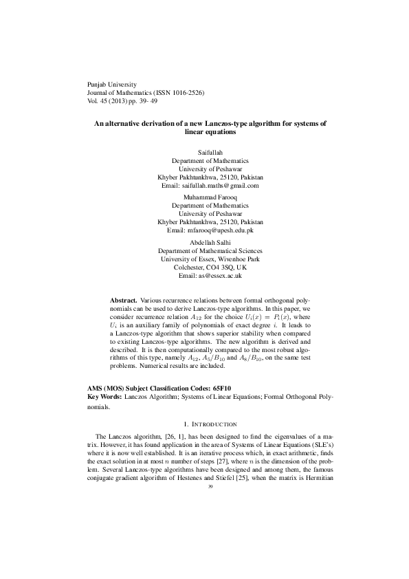 Pdf An Alternative Derivation Of A New Lanczos Type Algorithm For Systems Of Linear Equations