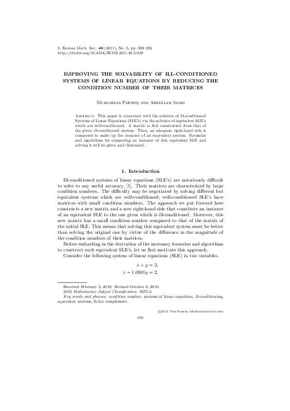(PDF) Improving the solvability of ill-conditioned systems of linear equations by reducing the ...
