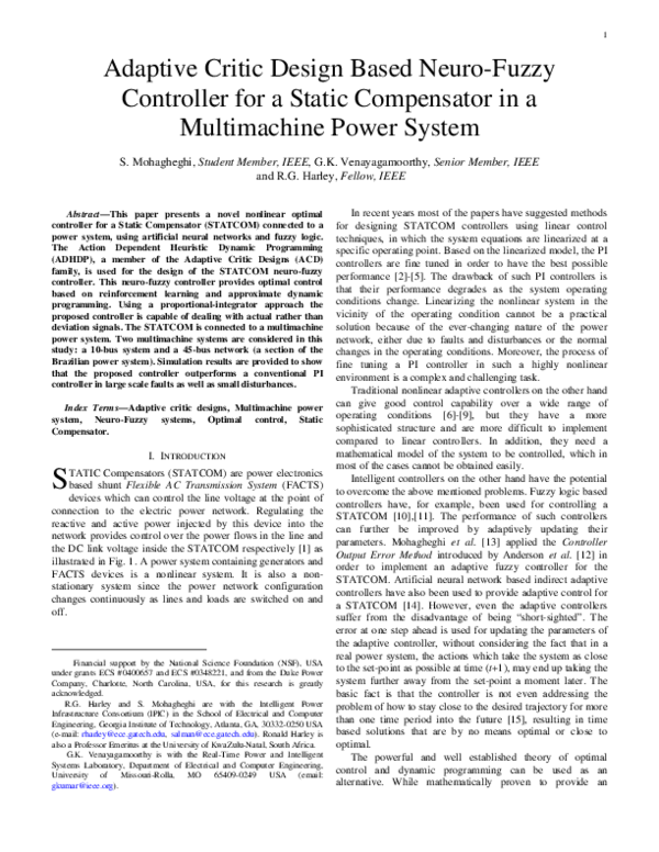 Pdf Adaptive Critic Design Based Neuro Fuzzy Controller For A Static Compensator In A