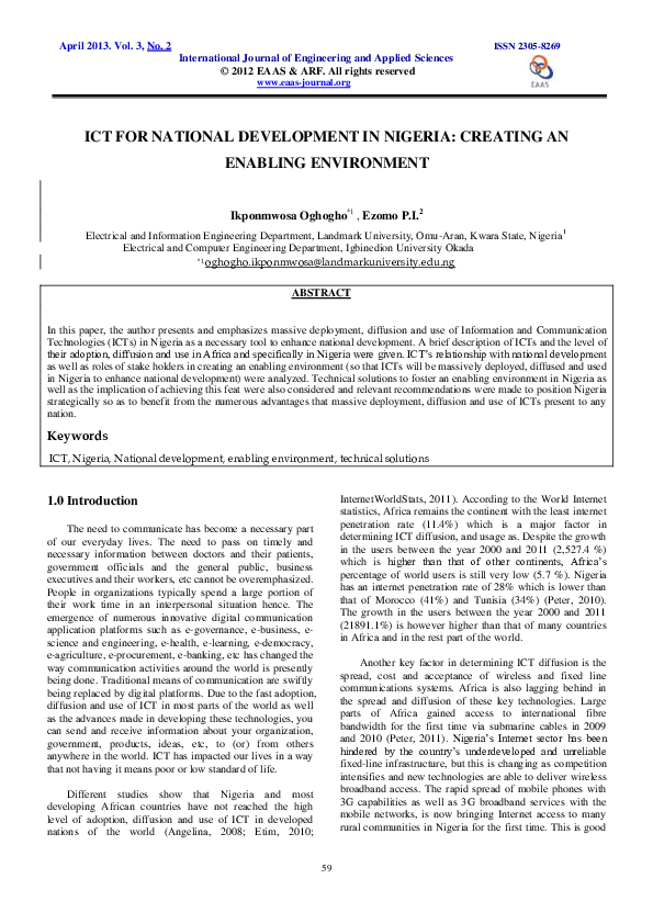 (PDF) ICT FOR NATIONAL DEVELOPMENT IN NIGERIA: CREATING AN ENABLING ENVIRONMENT