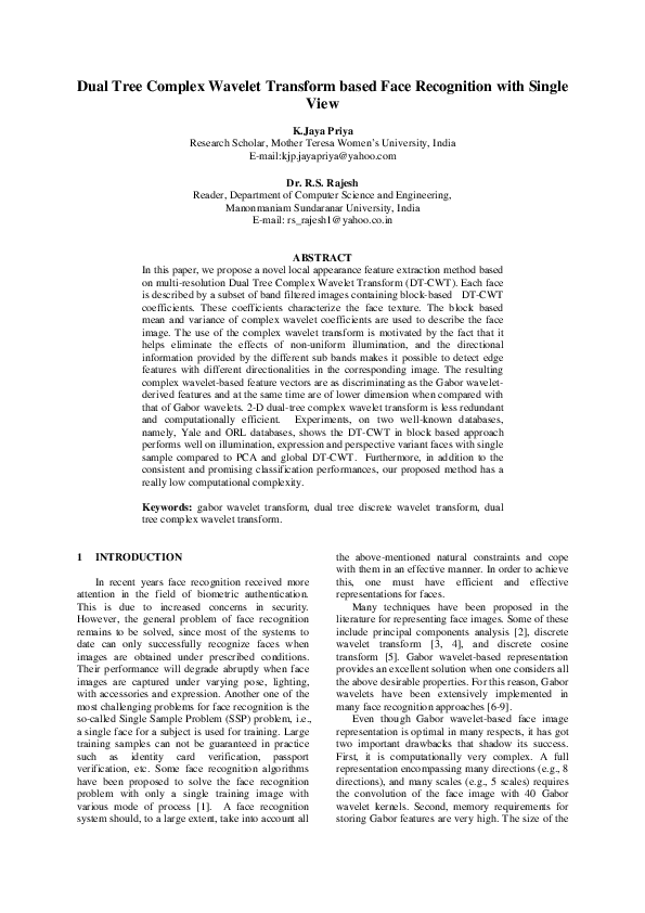 Pdf Dual Tree Complex Wavelet Transform Based Face Recognition With Single View