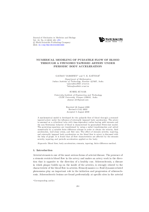 (PDF) NUMERICAL MODELING OF PULSATILE FLOW OF BLOOD THROUGH A STENOSED TAPERED ARTERY UNDER ...