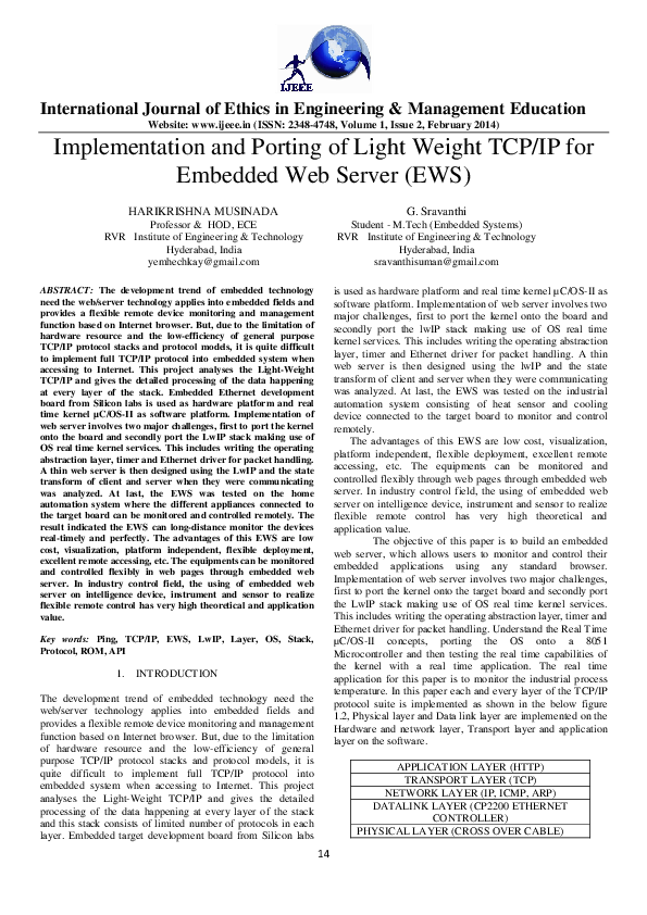 (PDF) Implementation and Porting of Light Weight TCP/IP for Embedded Web Server (EWS