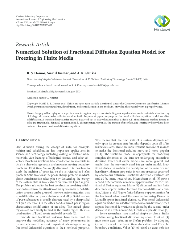 Pdf Numerical Solution Of Fractional Diffusion Equation Model For Freezing In Finite Media