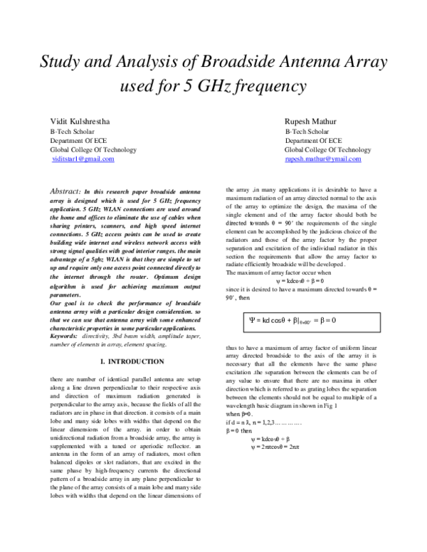 (PDF) Study and Analysis of Broadside Antenna Array used for 5 GHz frequency