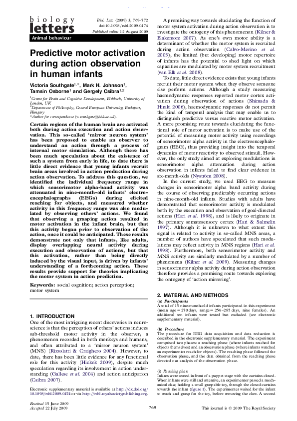 Pdf Predictive Motor Activation During Action Observation In Human Infants