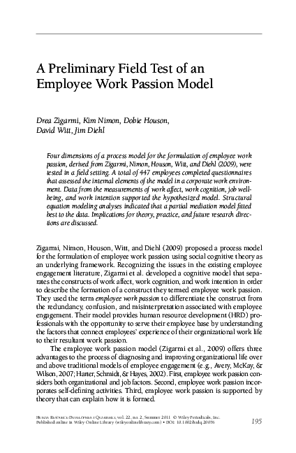 (PDF) A Preliminary Field Test of an Employee Work Passion Model