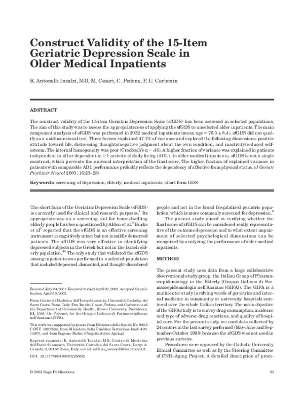 (PDF) Construct Validity of the 15Item Geriatric Depression Scale in ...