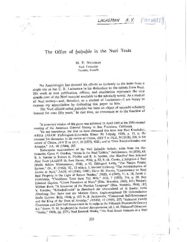 (PDF) The Office of halsuhlu in the Nuzi Texts