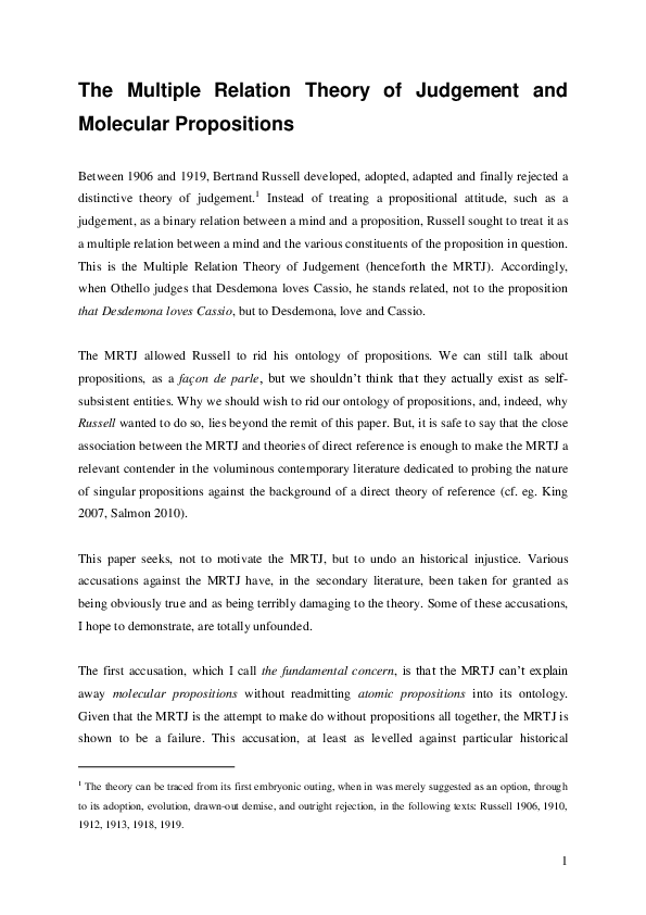 (DOC) Draft: Molecular Propositions and the Multiple Relation Theory of ...