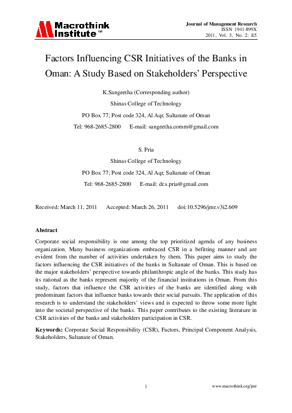 Factors Influencing CSR Initiatives of the Banks in Oman: A Study Based ...