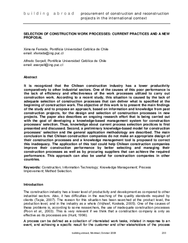 (PDF) SELECTION OF CONSTRUCTION WORK PROCESSES: CURRENT PRACTICES AND A ...