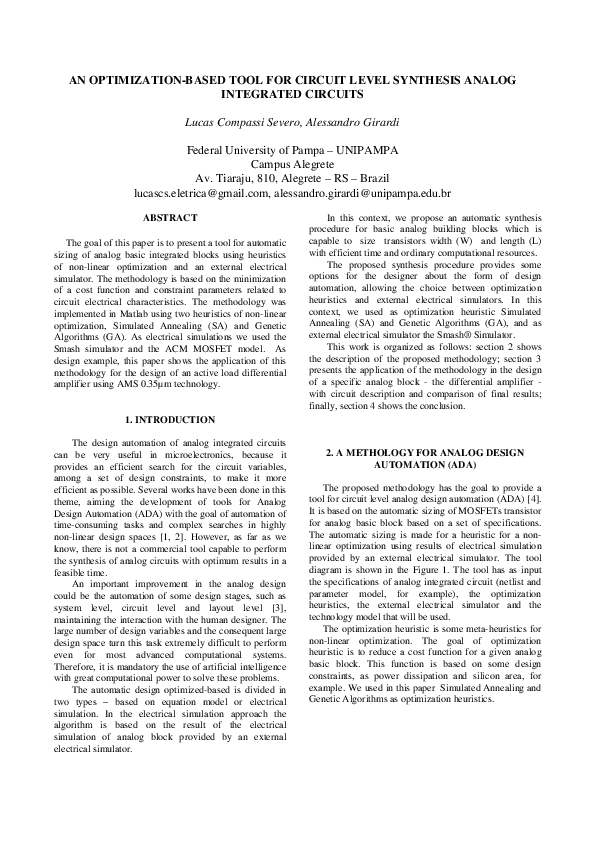 Pdf An Optimization Based Tool For Circuit Level Synthesis Analog