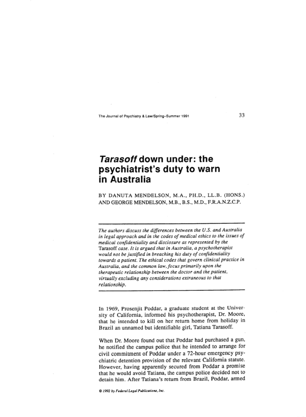 (PDF) 056 - 1991 - Tarasoff down under - the psychiatrist's duty to ...