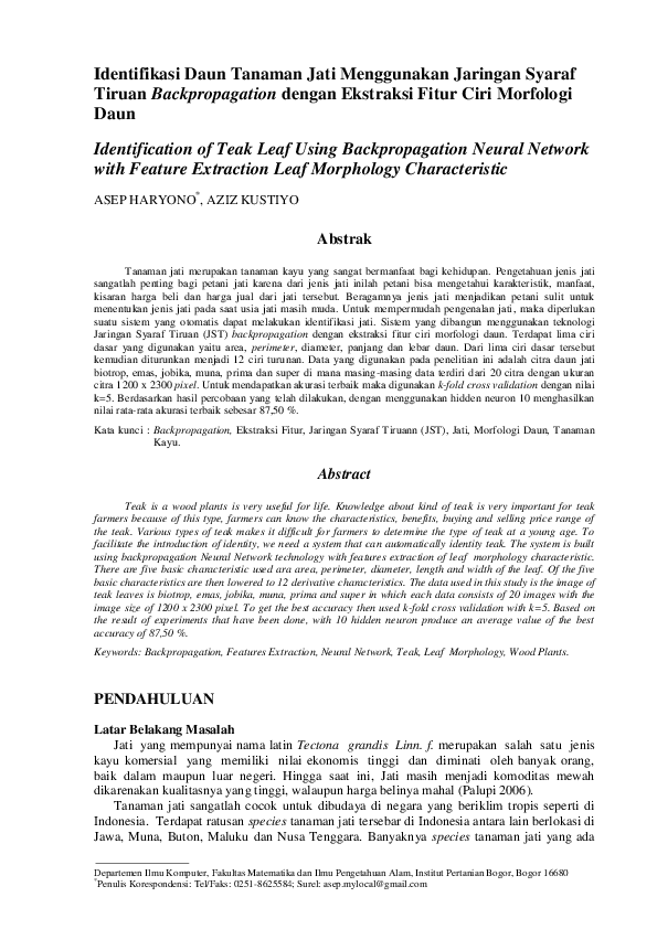 Pdf Identification Of Teak Leaf Using Backpropagation Neural Network With Feature Extraction