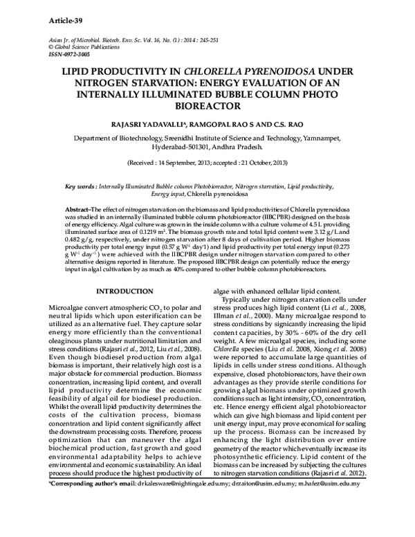 (PDF) LIPID PRODUCTIVITY IN CHLORELLA PYRENOIDOSA UNDER NITROGEN STARVATION: ENERGY EVALUATION ...