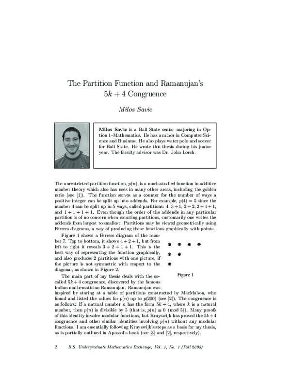 (PDF) The Partition Function and Ramanujan's 5k + 4 Congruence