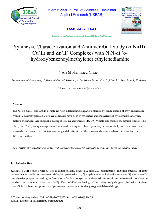 (PDF) Synthesis, Characterization and Antimicrobial Study on Ni(II), Cu(II) and Zn(II) Complexes ...