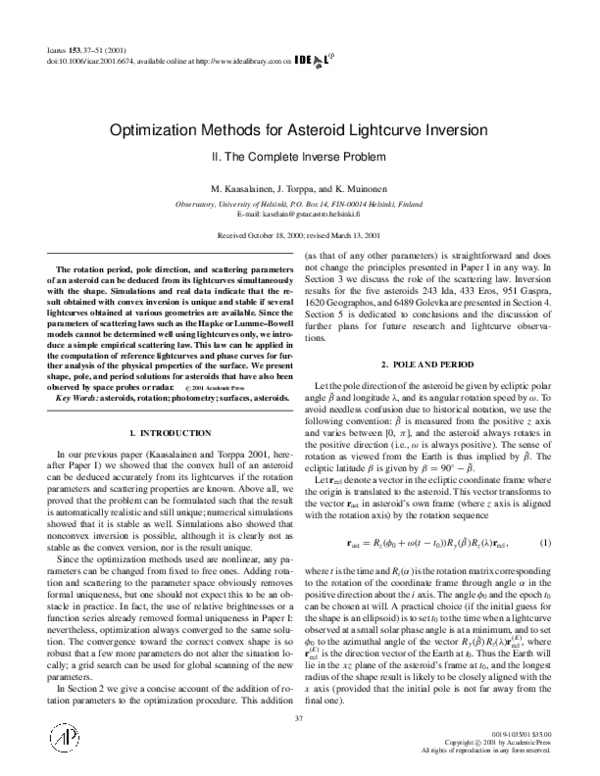 (PDF) Optimization Methods for Asteroid Lightcurve Inversion