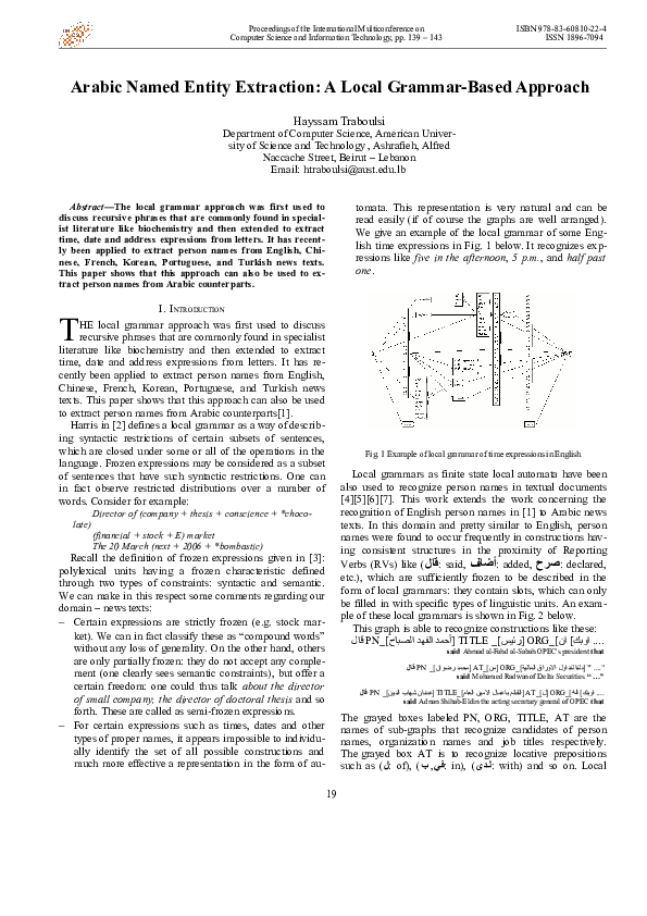 Pdf Arabic Named Entity Extraction A Local Grammar Based Approach