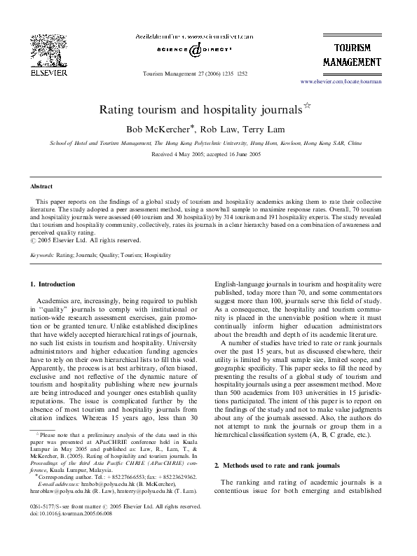 (PDF) Rating tourism and hospitality journals