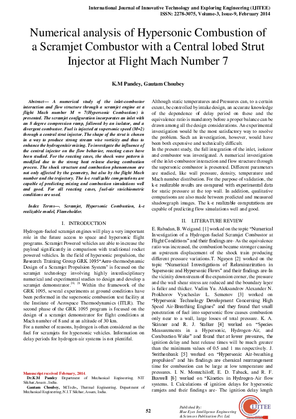 Numerical analysis of Hypersonic Combustion of a Scramjet Combustor with a Central lobed Strut ...