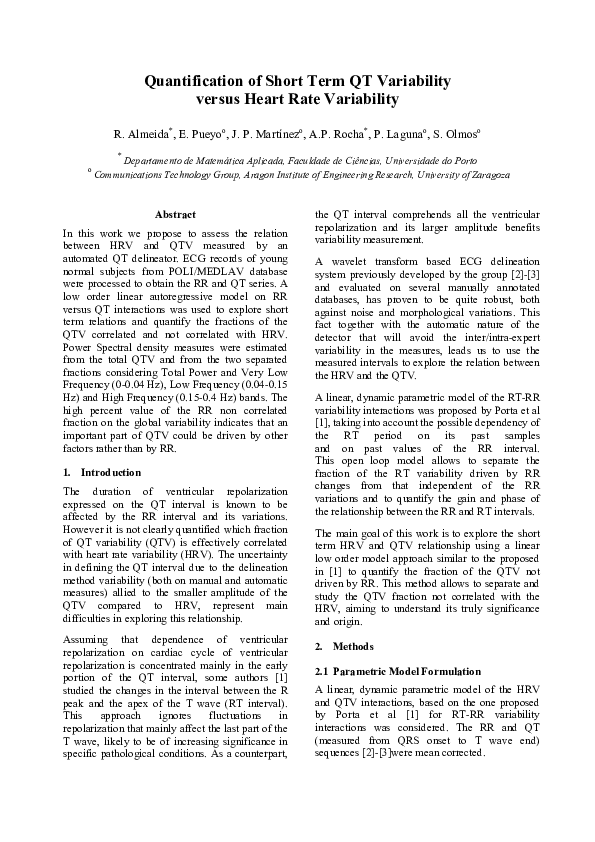 (PDF) Quantification of Short Term QT Variability versus Heart Rate Variability