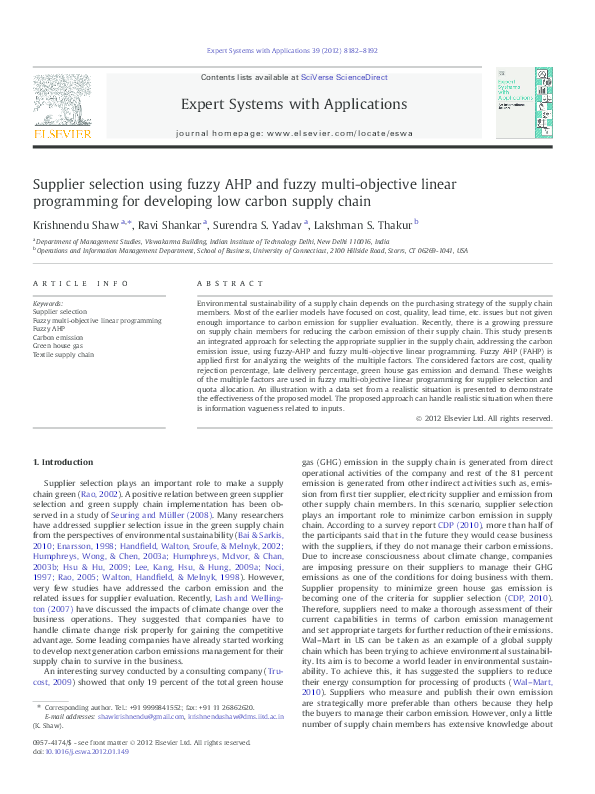 Pdf Supplier Selection Using Fuzzy Ahp And Fuzzy Multi Objective Linear Programming For