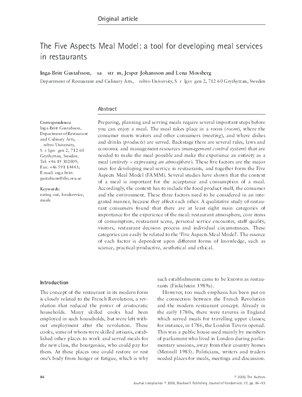 (PDF) The Five Aspects Meal Model: a tool for developing meal services ...