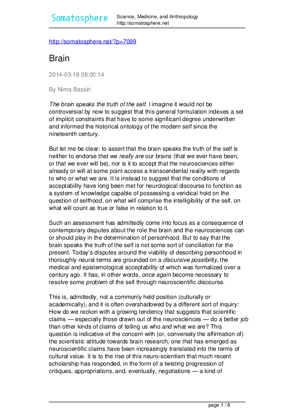 (PDF) "Brain," in Commonplaces (Somatosphere)