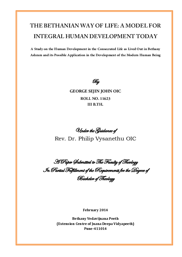 (PDF) THE BETHANIAN WAY OF LIFE: A MODEL FOR INTEGRAL HUMAN DEVELOPMENT ...