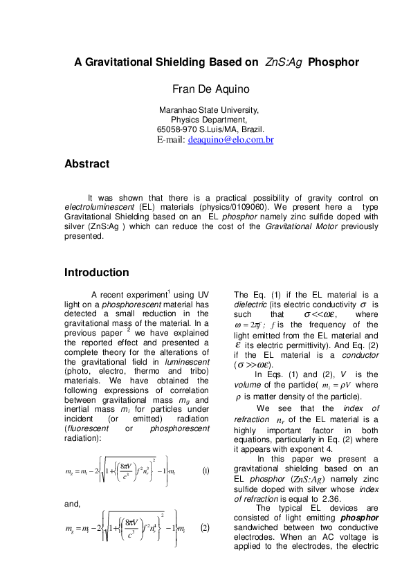 (PDF) A Gravitational Shielding Based on ZnS:Ag Phosphor