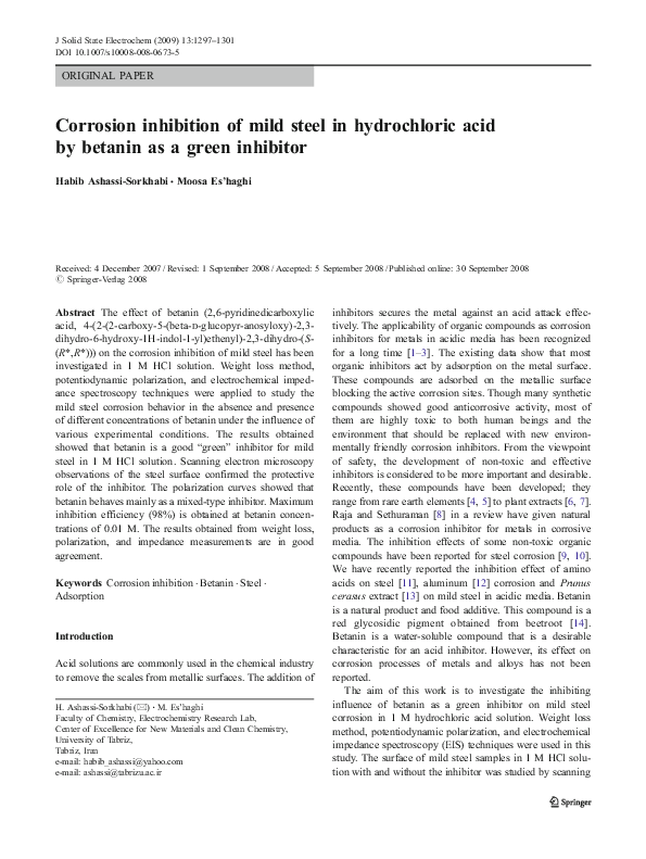 (PDF) Corrosion inhibition of mild steel in hydrochloric acid by ...