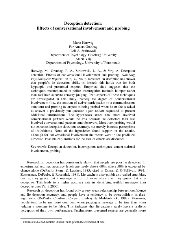 (PDF) Deception detection: Effects of conversational involvement and probing