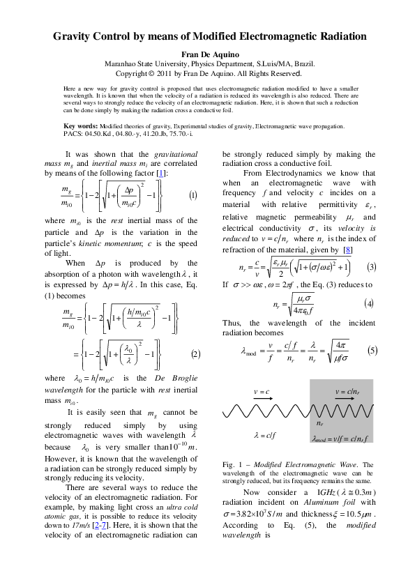 (PDF) Gravity Control by means of Modified Electromagnetic Radiation