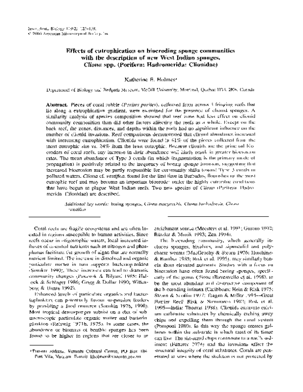 (PDF) Effects of eutrophication on clionid sponge communities with the ...