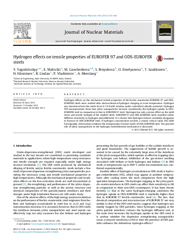 (PDF) Hydrogen effects on tensile properties of EUROFER 97 and ODS ...
