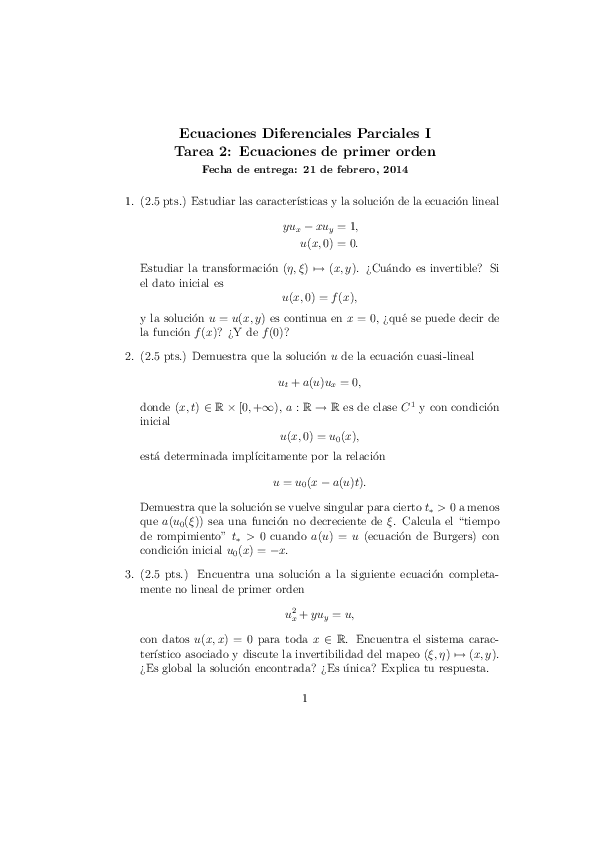(PDF) Ecuaciones Diferenciales Parciales I Tarea 2: Ecuaciones de primer orden