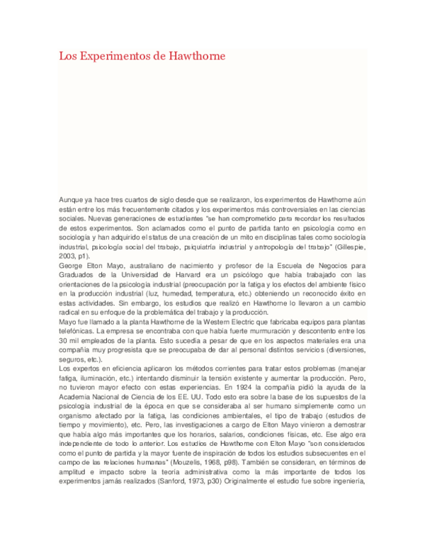 (PDF) Los Experimentos de Hawthorne