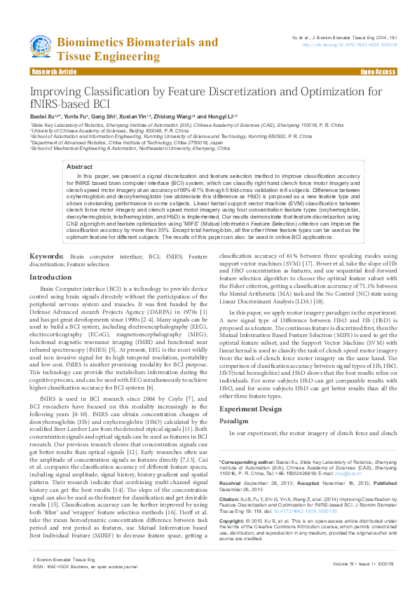 Pdf Improving Classification Accuracy By Feature Discretization And Optimization For Fnirs