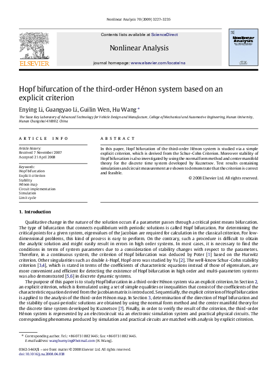 Pdf Hopf Bifurcation Of The Third Order Hénon System Based On An Explicit Criterion