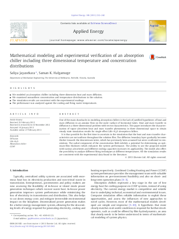 (PDF) Mathematical modeling and experimental verification of an absorption chiller including ...