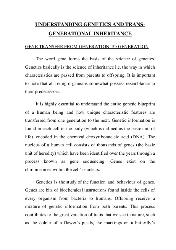 (DOC) UNDERSTANDING GENETICS AND TRANS-GENERATIONAL INHERITANCE