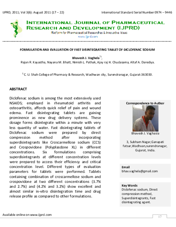 Formulation And Evaluation Of Fast Disintegrating Tablet Of Diclofenac Sodium