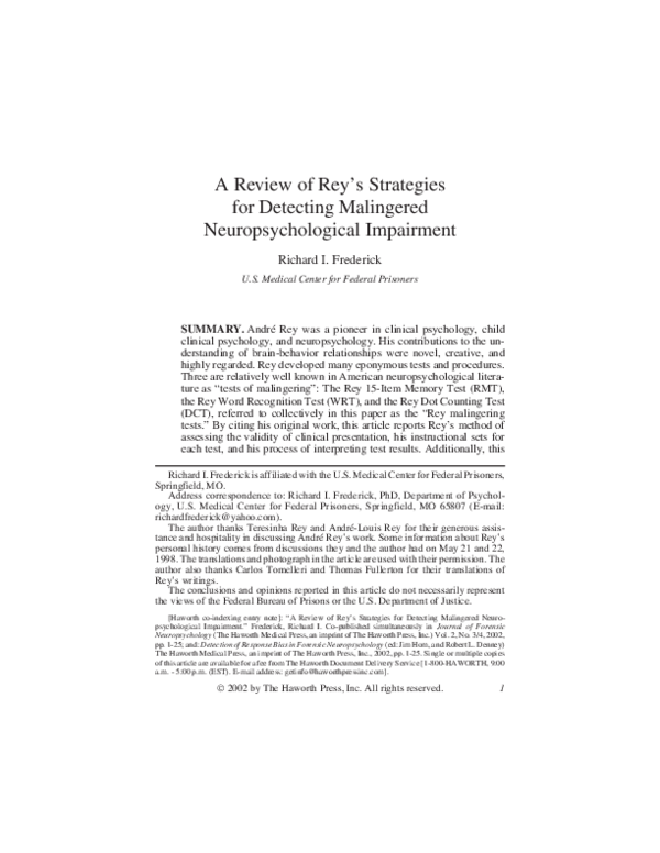 (PDF) A Review of Rey's Strategies for Detecting Malingered ...
