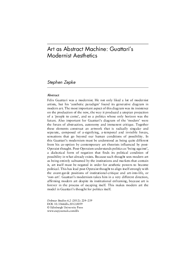 (PDF) Art as Abstract Machine: Guattari's Modernist Aesthetics